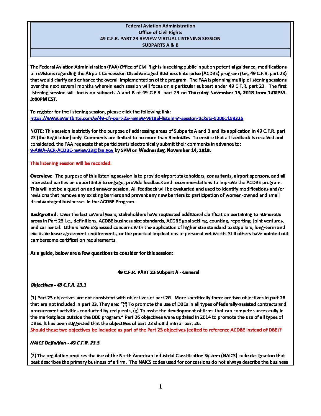 FAA 49 CFR Part_23_Subparts A-B_Listening Session Announcement - AMAC